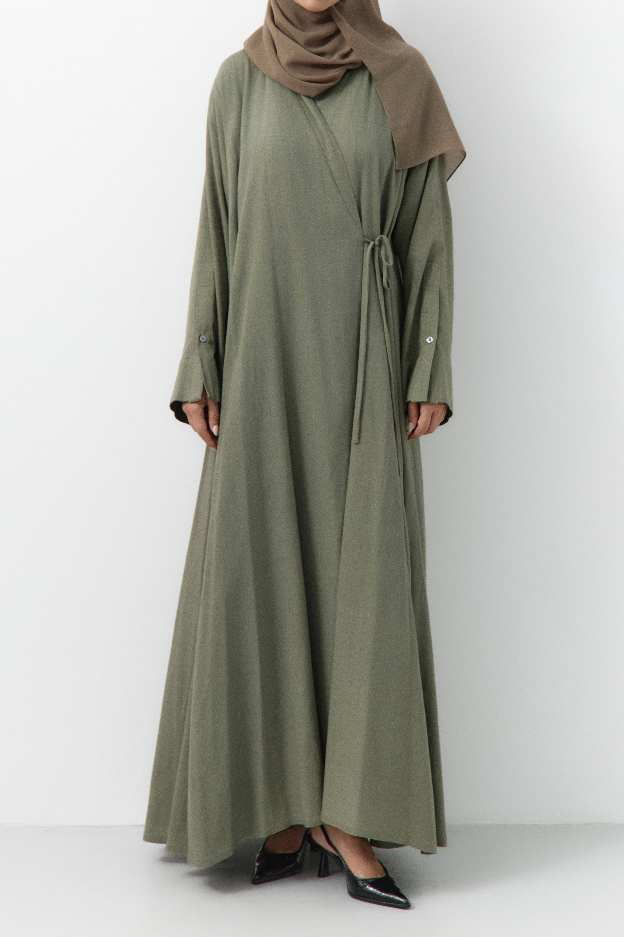 Sage Linen Wrap Open Abaya